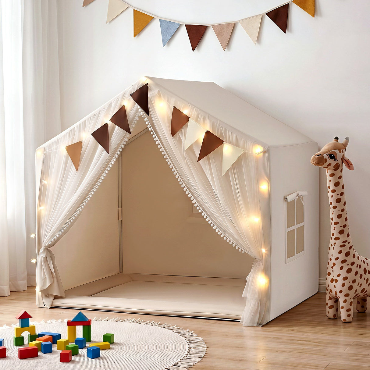 Keezi Kids Play Tent with Star Lights Windows Flag 144cmx95cm Playhous ...