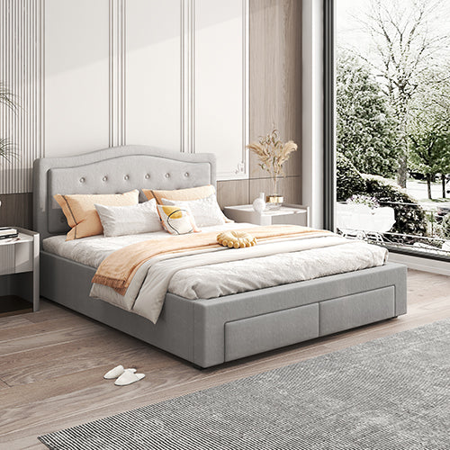 Emily Bed Frame Queen Size Velvet Fabric Grey Four MDF Drawers with Wh ...