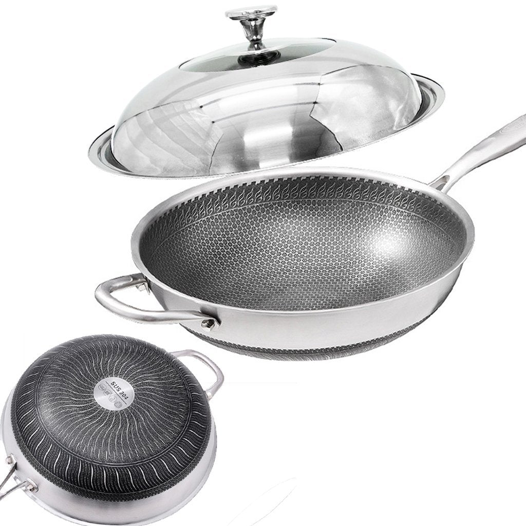 32cm 304 Stainless Steel Non-Stick Stir Fry Cooking Kitchen Honeycomb ...